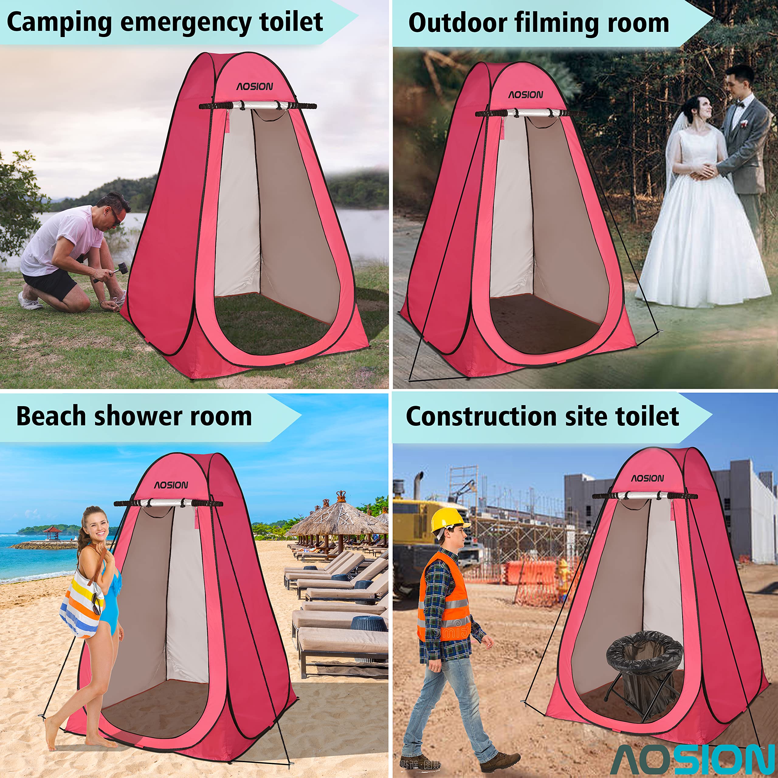 AOSION Privacy Shower Tent,Pop Up Changing Tent,Camp Bathroom Changing Dressing Room,Portable Toilet Tent with Carry Bag for Camping, Beach,Pink.