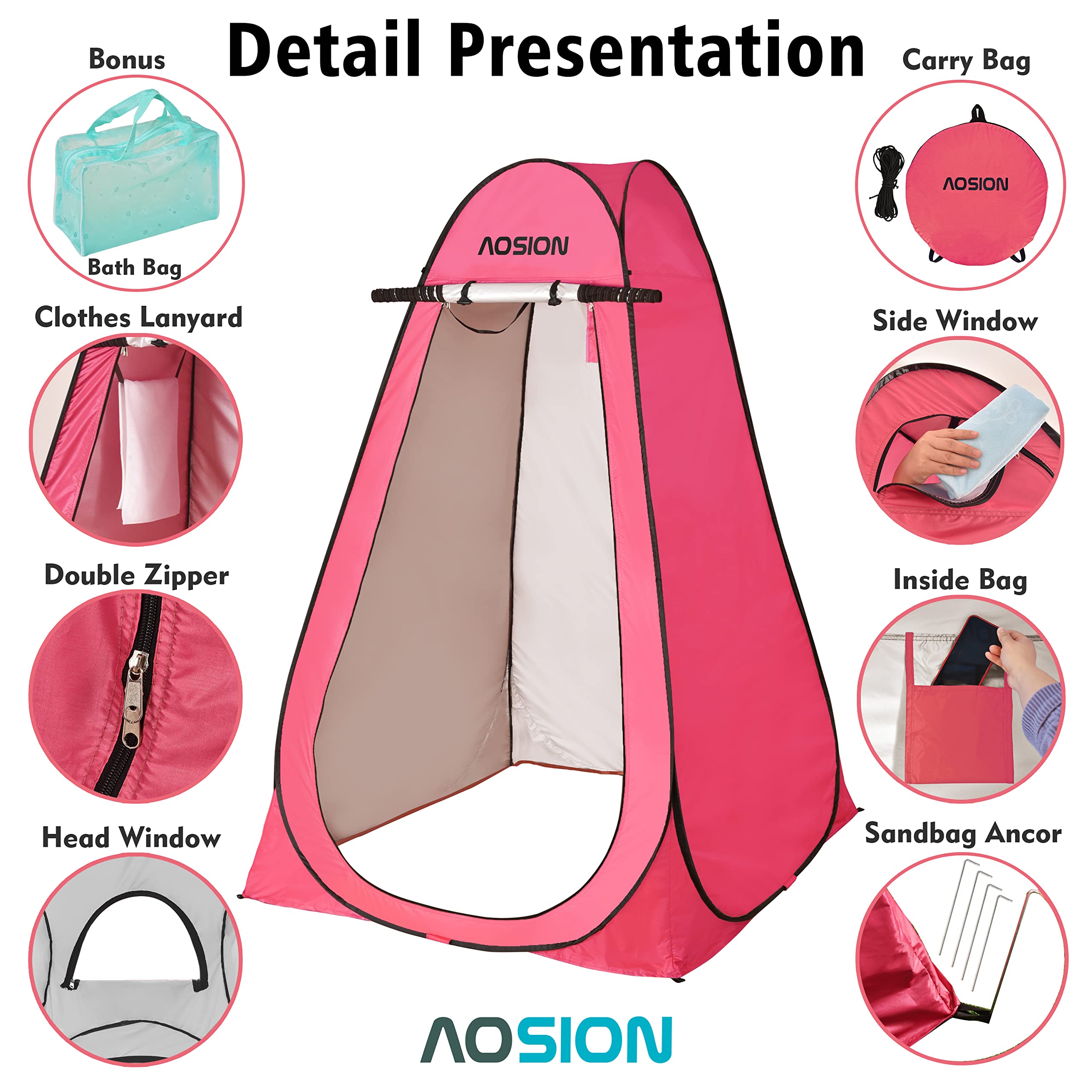 AOSION Privacy Shower Tent,Pop Up Changing Tent,Camp Bathroom Changing Dressing Room,Portable Toilet Tent with Carry Bag for Camping, Beach,Pink.