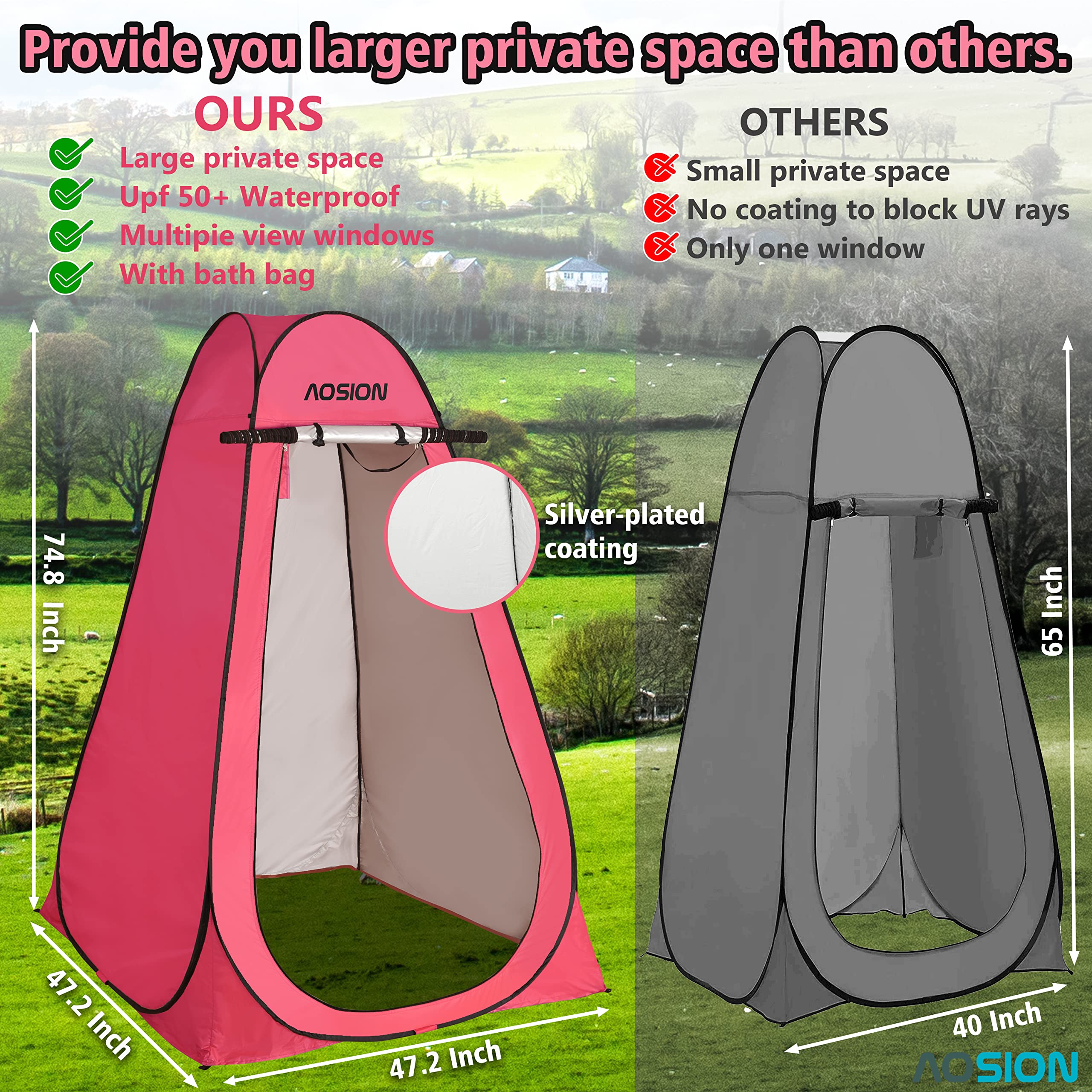 AOSION Privacy Shower Tent,Pop Up Changing Tent,Camp Bathroom Changing Dressing Room,Portable Toilet Tent with Carry Bag for Camping, Beach,Pink.