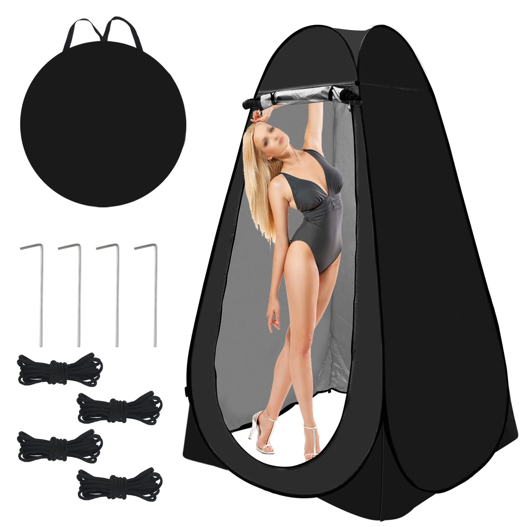 Pop Up Shower Tent Changing Tent with 2 Windows Camping Shower Tent Privacy Tent for Portable Toilet Outdoor Portable Dressing Room, Waterproof Black/UPF 50+