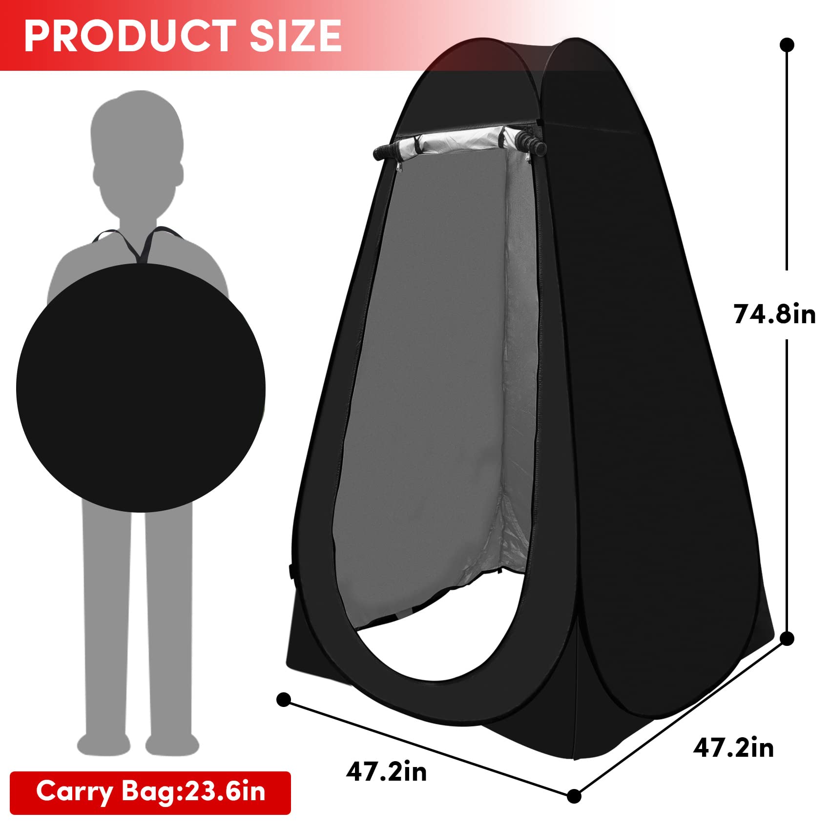 Pop Up Shower Tent Changing Tent with 2 Windows Camping Shower Tent Privacy Tent for Portable Toilet Outdoor Portable Dressing Room, Waterproof Black/UPF 50+