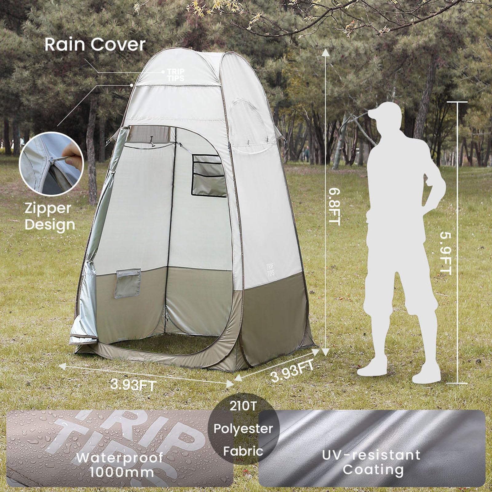 TRIPTIPS Pop Up Shower Tent with Floor Changing Tent with Mesh Window Camping Shower Tent 6.9 FT Privacy Tent for Portable Toilet Outdoor Portable Dressing Room, Removable Rain Cover/UPF 50+ (Camo)