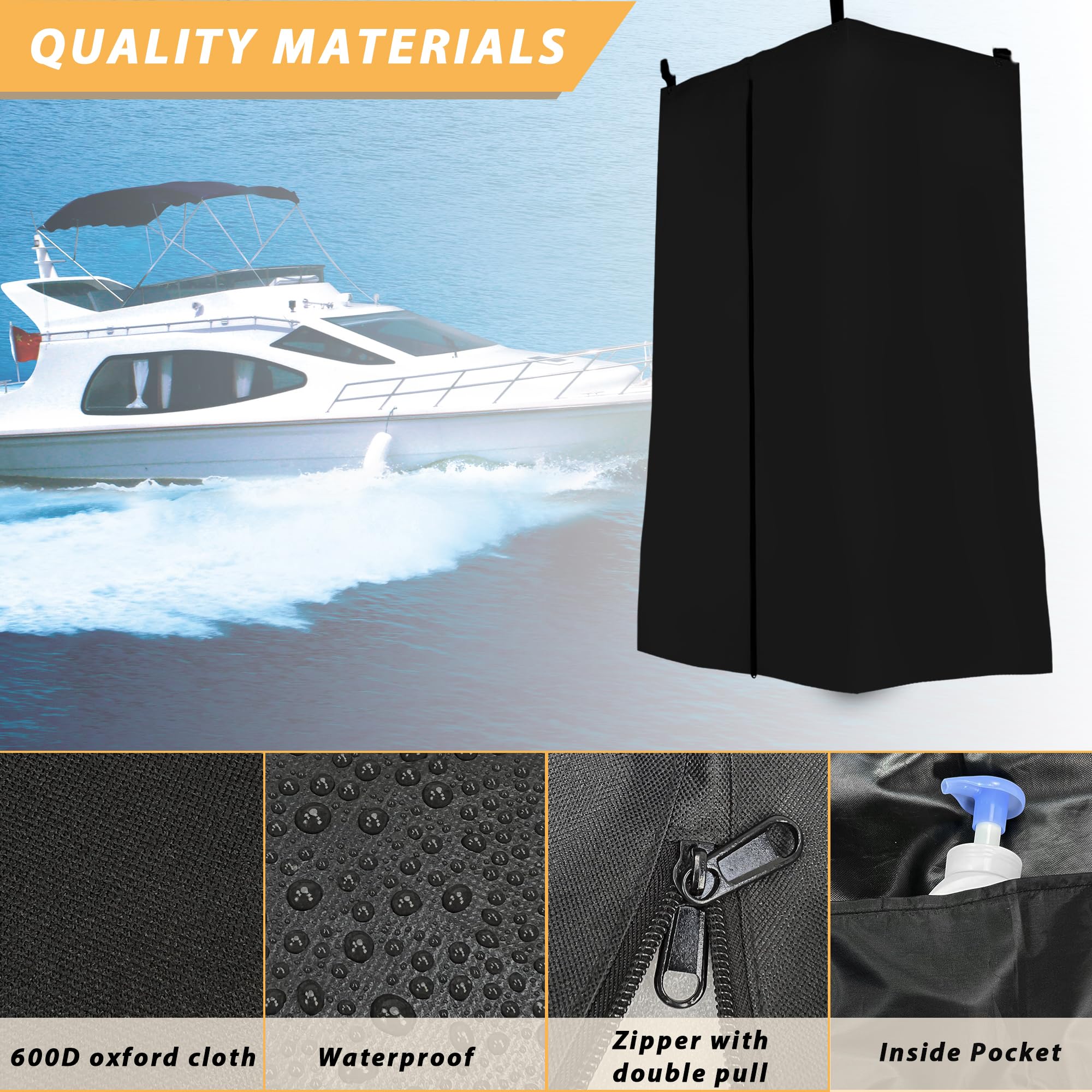 DCY BLUE Privacy Tent for Boats, Heavy-Duty Hanging Changing Room for Pontoon Boats, Privacy Curtains for Pontoon Boats, Attaches to Bimini Top Poles (Black)