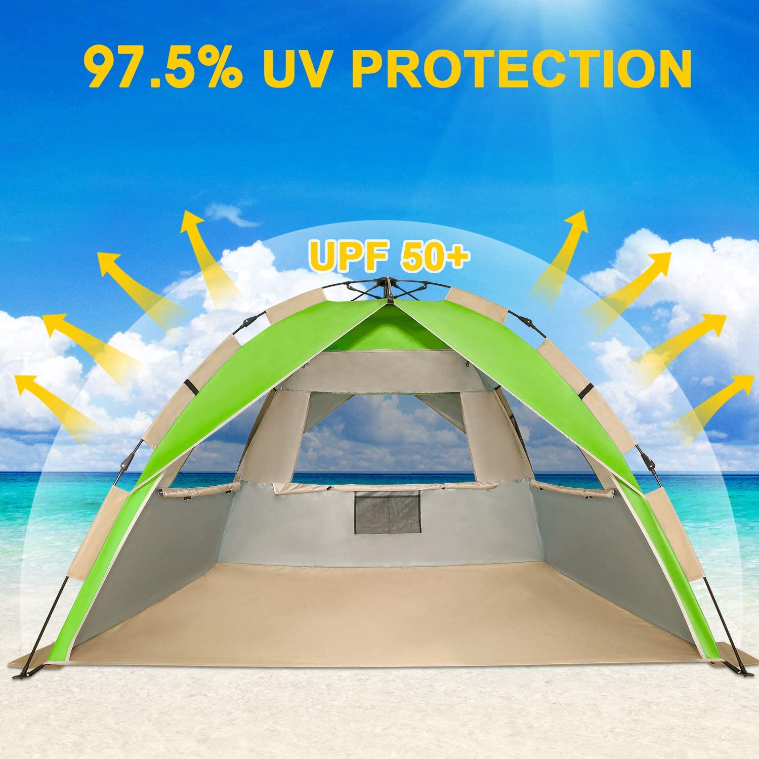 G4Free Deluxe XL Pop Up Beach Tent, 3-4 Persons Easy Setup Sun Shelter Canopy with UPF 50+ UV Protection Extral Wide 70.9 in