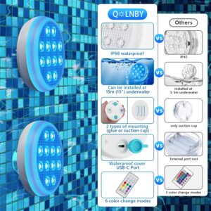 QOLNBY Pool Lights, Rechargeable Submersible LED Lights, IP68 Waterproof Underwater Lights,Type-C Floating Lights with RF Remote Control 200 ft, Magnets, Suction Cups for Bathtub,Pond,Party-1 Pack