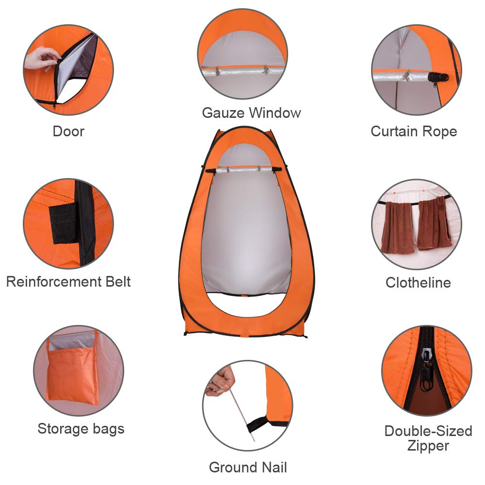 Portable Pop Up Shower Privacy Tent Outdoor Privacy Toilet & Spacious Dressing Changing Room for Camping Biking Beach (Orange)