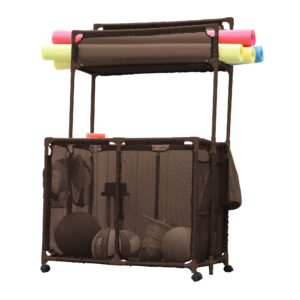 pool bins pool storage equipment organizer holder - noodles, toys, balls and floats mesh rolling double decker bin, large with noodle rack, (23" l x 35.3" w x 59.4" h), brown