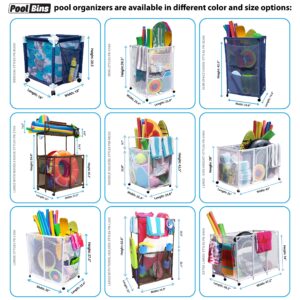 Pool Bins Pool Storage Equipment Organizer Holder - Noodles, Toys, Balls and Floats Mesh Rolling Double Decker Bin, Large with Noodle Rack, (23" L x 35.3" W x 59.4" H), Brown