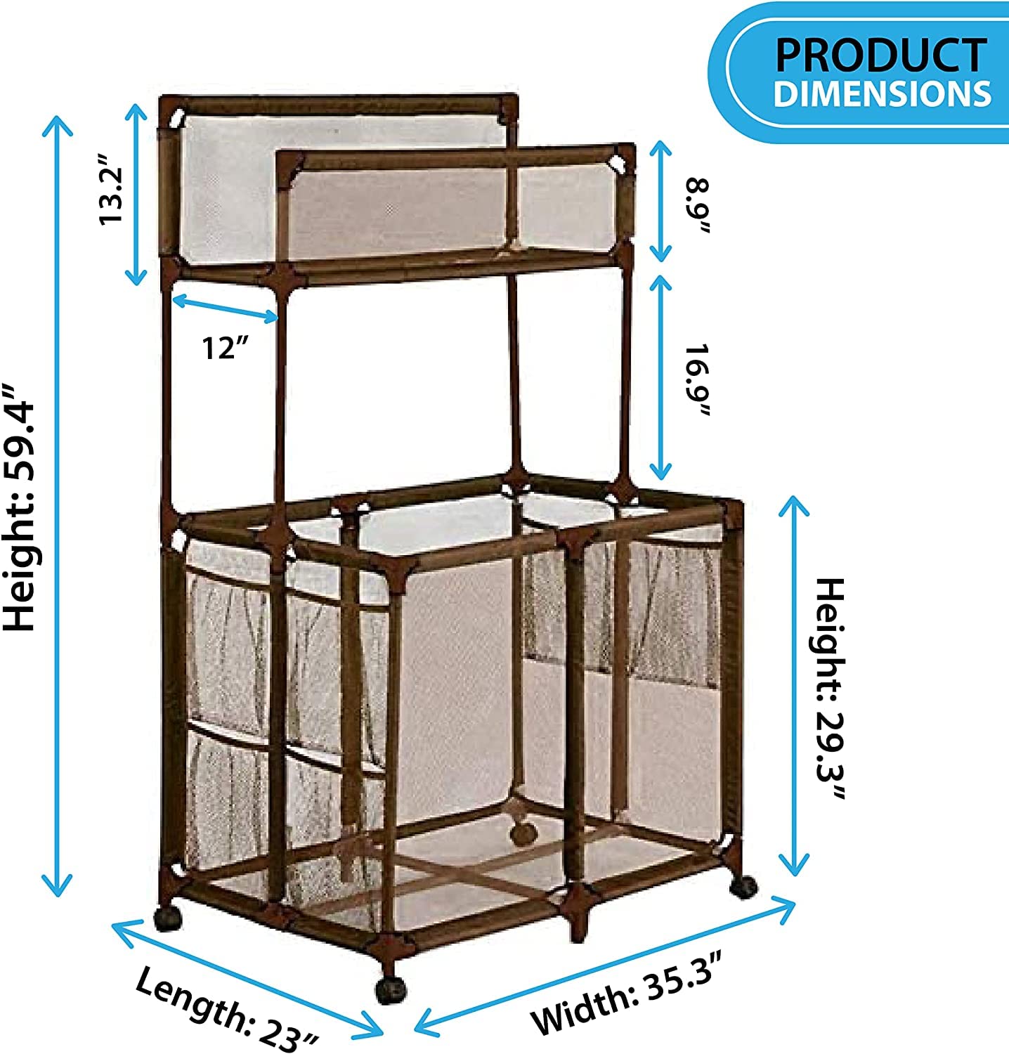 Pool Bins Pool Storage Equipment Organizer Holder - Noodles, Toys, Balls and Floats Mesh Rolling Double Decker Bin, Large with Noodle Rack, (23" L x 35.3" W x 59.4" H), Brown