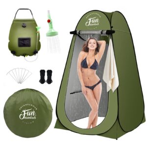 fun essentials solar shower tent kit, 2 pcs, instant pop up privacy, 5 gallon solar shower bag, sun canopy beach outdoor camp privacy tent, easy set up, foldable