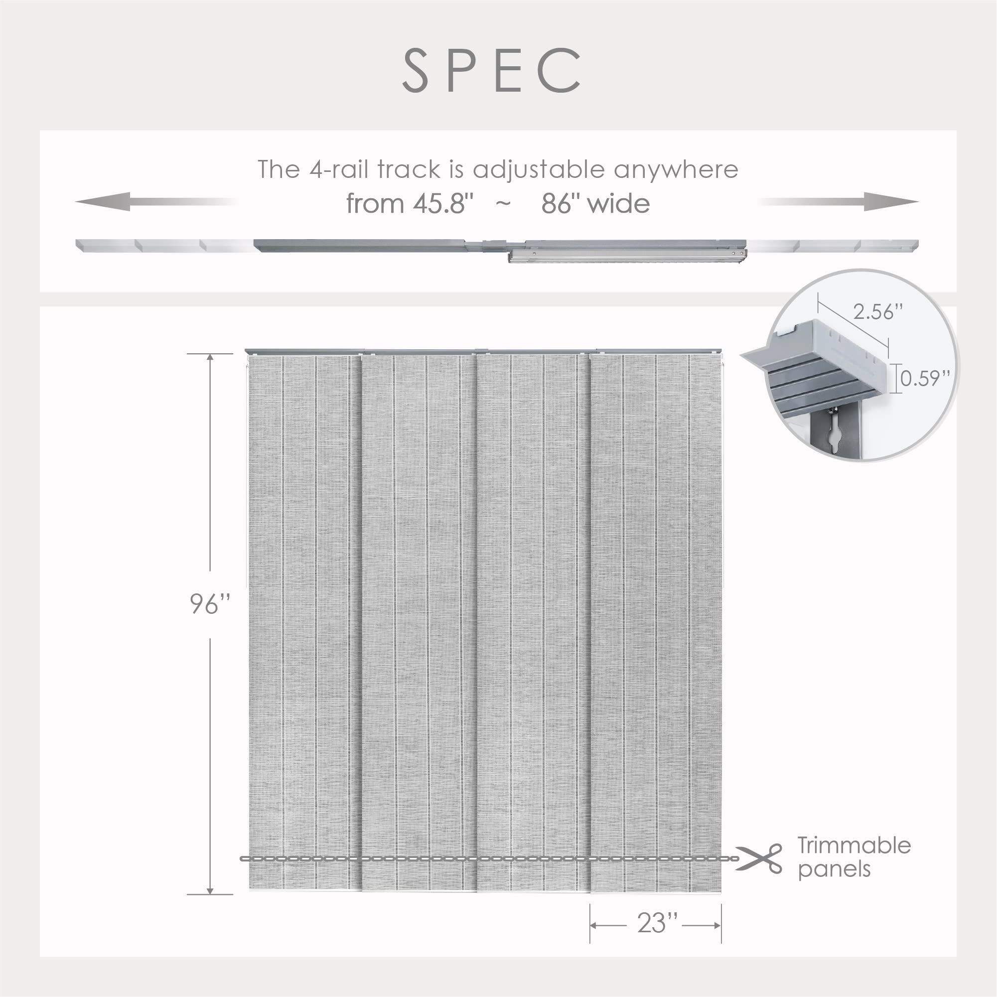 GoDear Design Thermal Insulated Adjustable Sliding Panel Track Blind for Patio Door 45.8"- 86" W x 96" H, Extendable Vertical Blind for Window, Metallic Luster Trimmable Natural Woven Fabric, Airo +