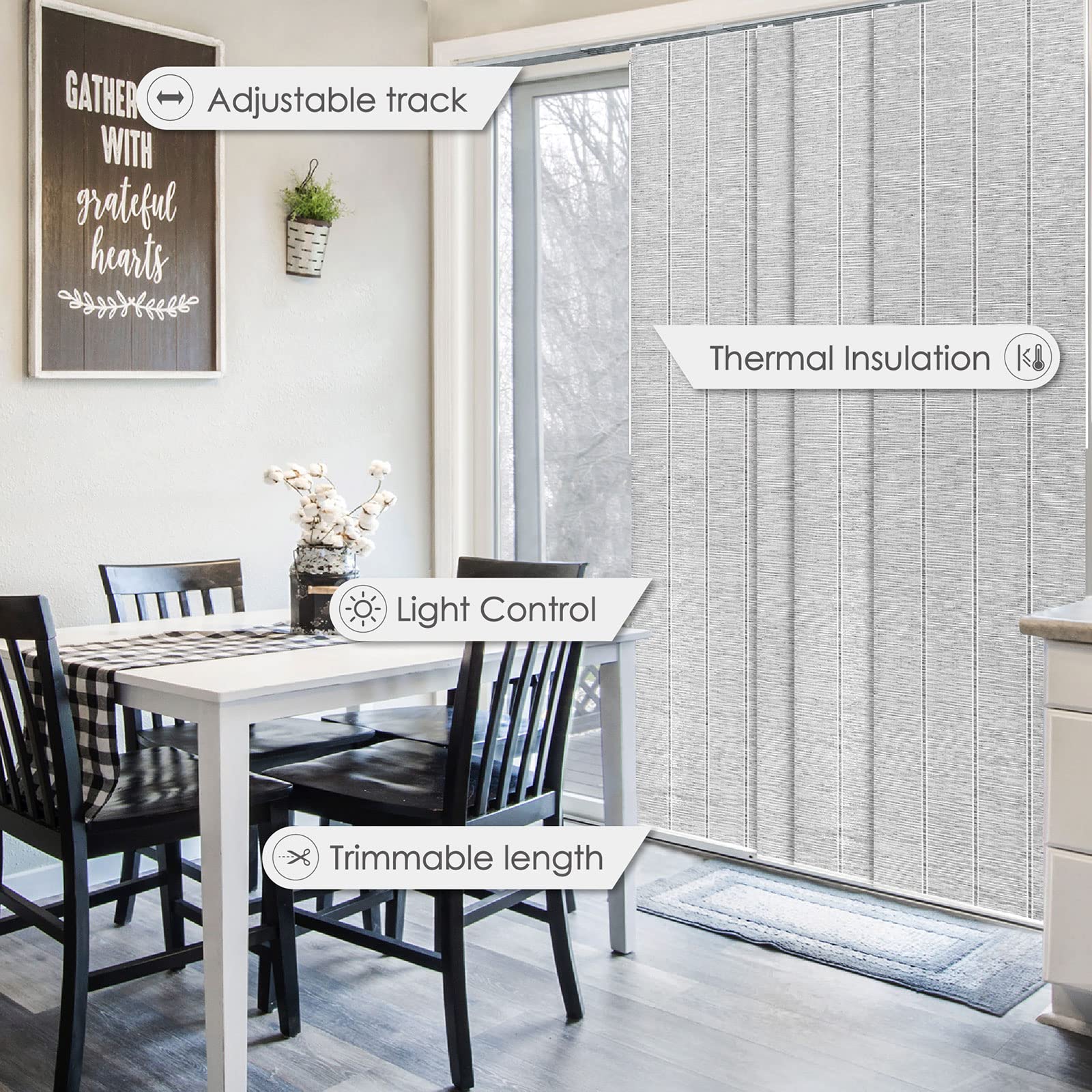 GoDear Design Thermal Insulated Adjustable Sliding Panel Track Blind for Patio Door 45.8"- 86" W x 96" H, Extendable Vertical Blind for Window, Metallic Luster Trimmable Natural Woven Fabric, Airo +