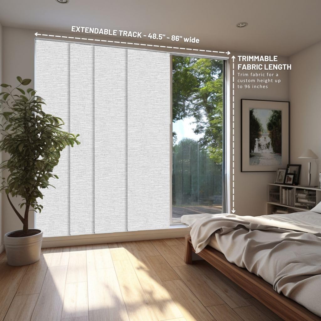 CHICOLOGY Embossed Textured Weave Fabric, Sliding Door Blinds , Room Divider ,Vertical Blinds for Patio Doors , Sliding Glass Door Blinds, Chalk White, W:46-86 x H: Up to-96 inches