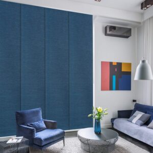 godear design adjustable vertical blinds for sliding glass doors 45.8"- 86" w x 96" h, extendable sliding panel track blinds for windows, blue shimmering trimmable fabric panels, semi-sheer, sapphire