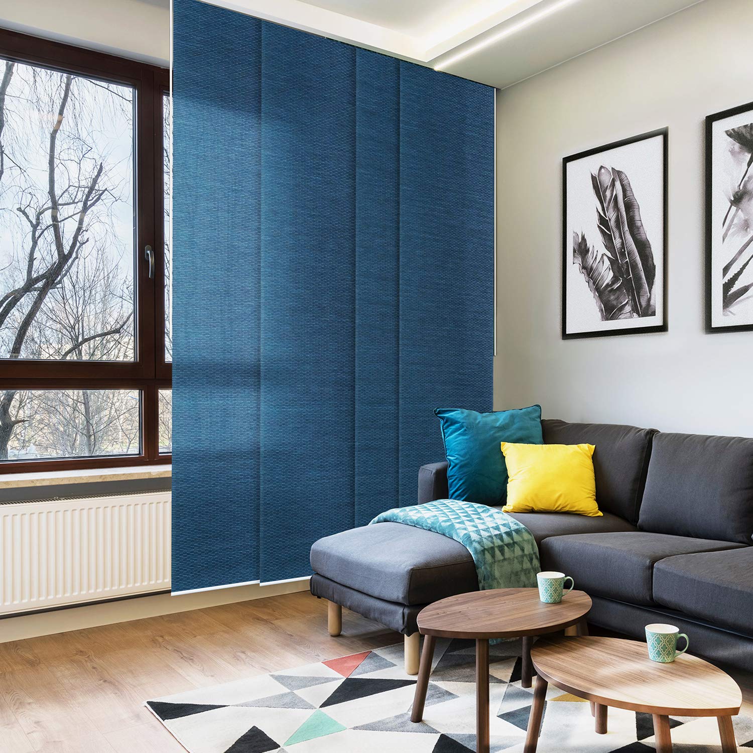 GoDear Design Adjustable Vertical Blinds for Sliding Glass Doors 45.8"- 86" W x 96" H, Extendable Sliding Panel Track Blinds for Windows, Blue Shimmering Trimmable Fabric Panels, Semi-Sheer, Sapphire