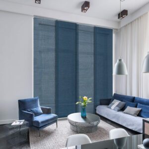 godear design adjustable sliding vertical blinds for sliding glass doors 45.8"- 86" w x 96" h, extendable panel track blinds, hanging room dividers, blue trimmable woven fabric, semi-sheer, meteor