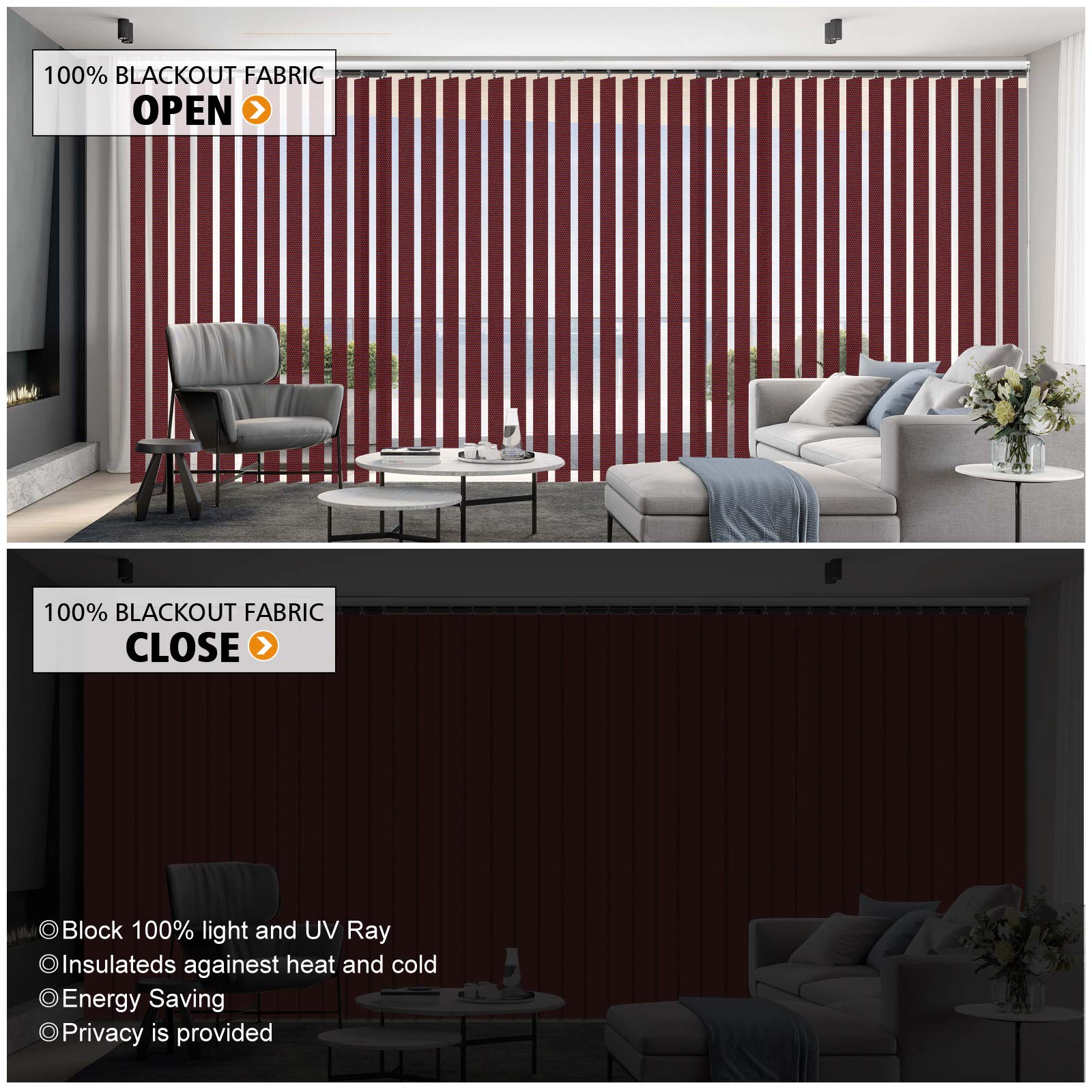 Cordless Vertical Blinds Window Blind, Blackout Fabric Vertical Blind, Energy Saving UV Protection Noice Reduce Vertical Blinds for Sliding Glass Doors, Patio Doors, Wine Red