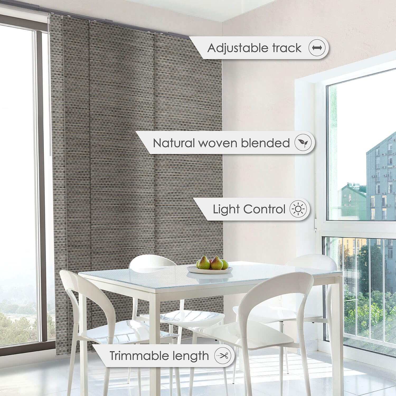 GoDear Design Adjustable Sliding Panel Track Vertical Blinds 45.8"- 86" W x 96" H, Extendable Sliding Door Blinds for Glass Patio Doors, Large Window Blinds, Trimmable Woven Panel Curtains, Komorebi