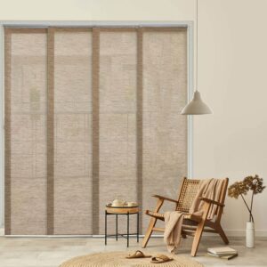 godear design adjustable panel track sliding glass door blinds 45.8"- 86" w x 96" h, extendable vertical blinds for patio doors and large winodws, see-through trimmable jute fabric, semi-privacy, yoga