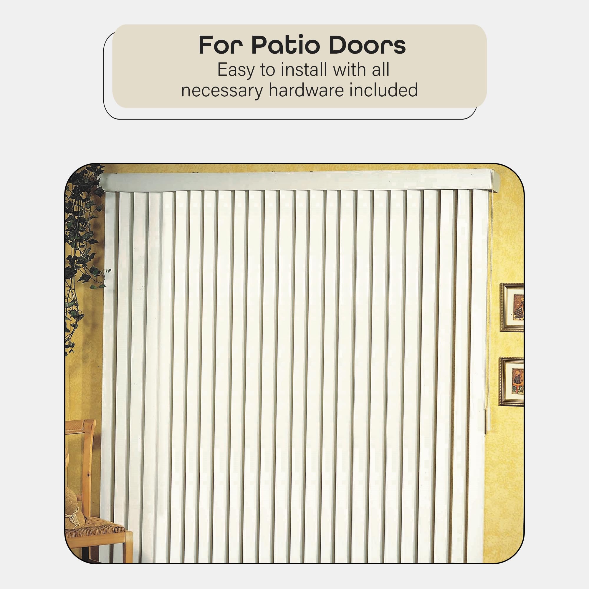 Vertical Hard Window Patio Blinds - White, 84" L x 78" W Plain & 3-1/2-Inch Vane - Easy Installation for All Patio Doors, Hardware Included - Aluminum Track for Durability, Anti-Static Slats