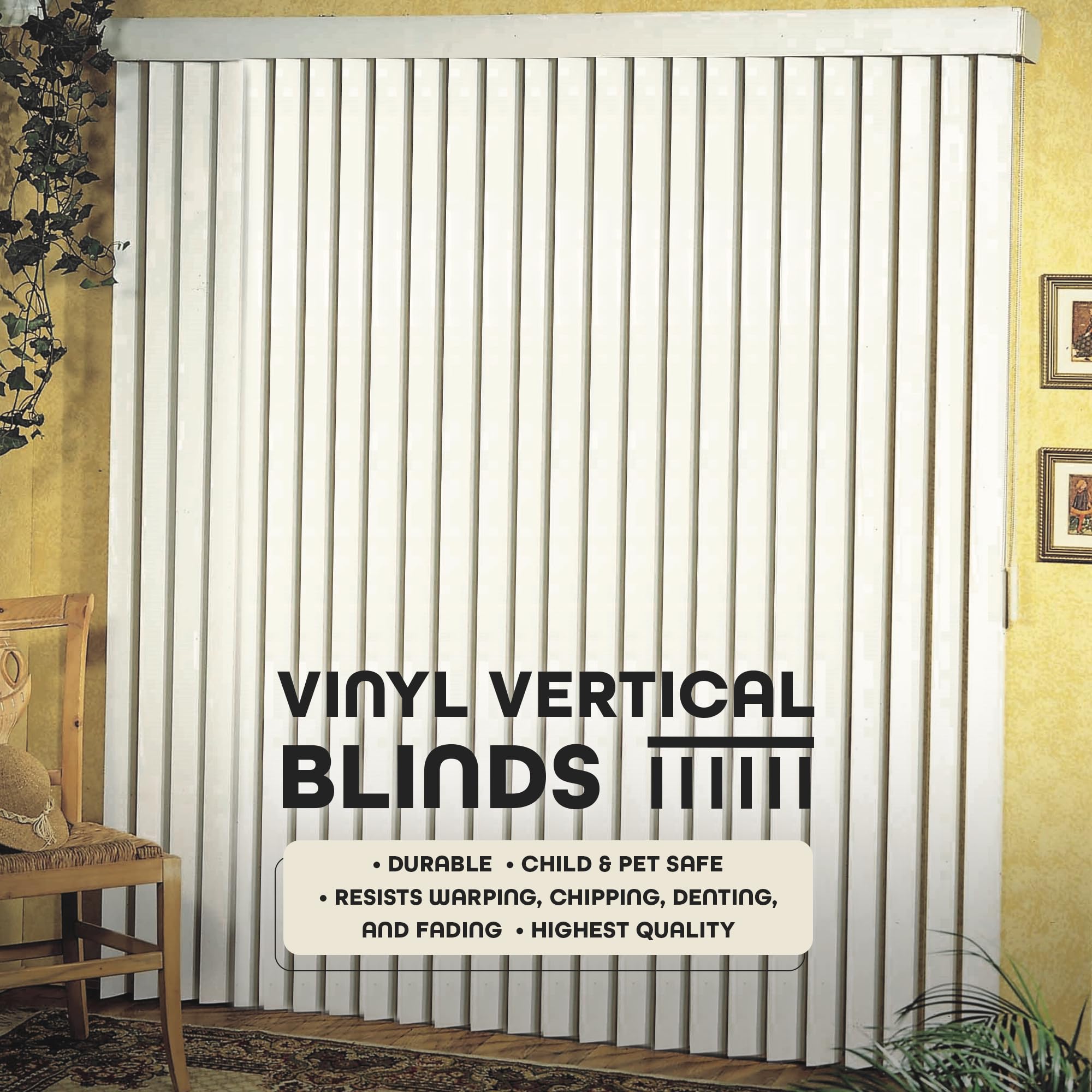 Vertical Hard Window Patio Blinds - White, 84" L x 78" W Plain & 3-1/2-Inch Vane - Easy Installation for All Patio Doors, Hardware Included - Aluminum Track for Durability, Anti-Static Slats