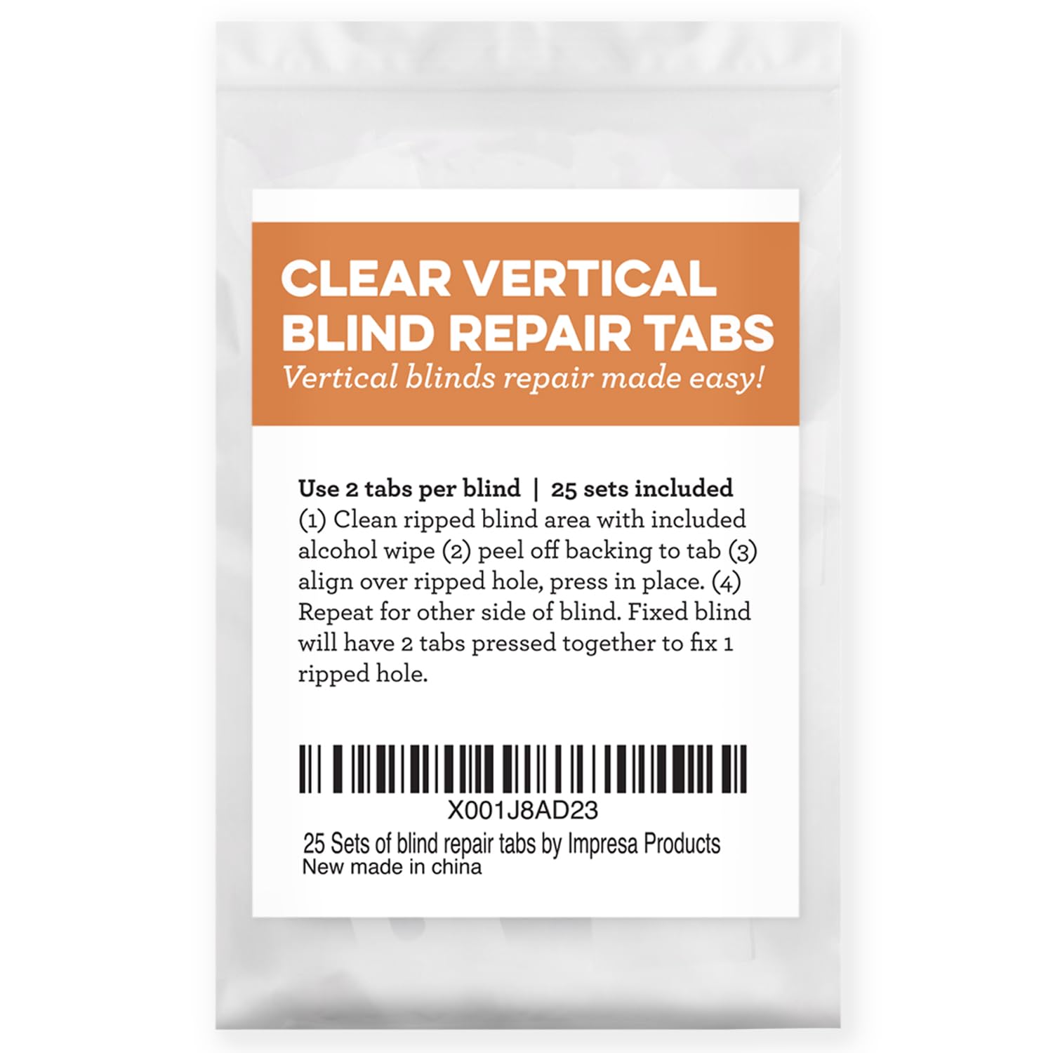 Impresa Clear Vertical Blind Repair Tabs - 50 Clear, Stick-On Tabs (25 Sets) with 2 Alcohol Wipes - Great for Sliding Door, Window, Patio Blinds - Simple Blind Fixing Solution