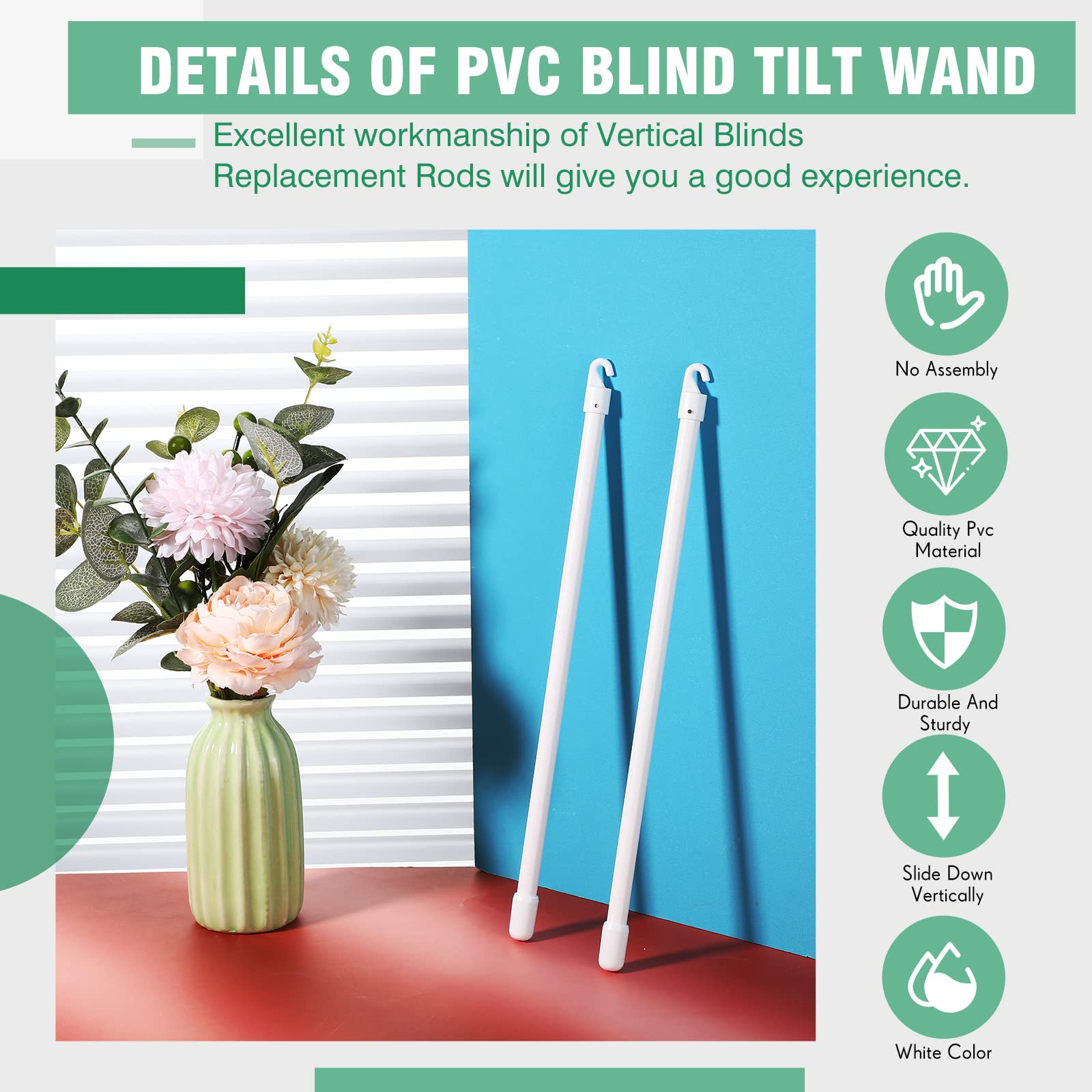 Bokon 2 Pieces PVC Blind Wand White Vertical Blinds Rod Replacement Parts Blind Wand with Hook and Handle Blind Opener Stick Curtain Wand Tilt Rod for Windows Accessory (12 Inch)