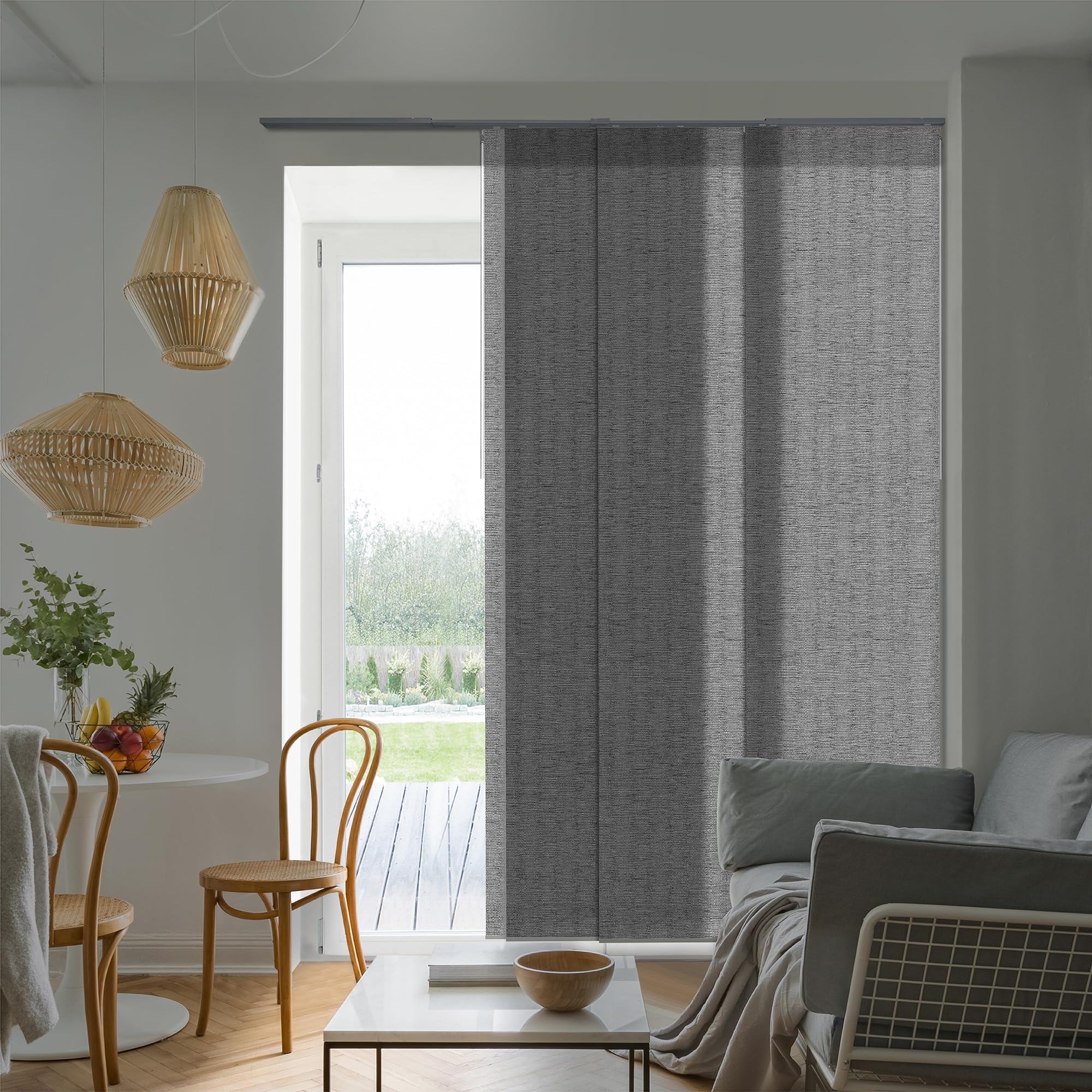 GoDear Design Adjustable Sliding Vertical Blinds 45.8"- 86" W x 96" H, Extendable Panel Track Blinds for Sliding Glass Doors Patio Doors Windows, Trimmable Woven Fabric Vertical Shades, Munich Castle