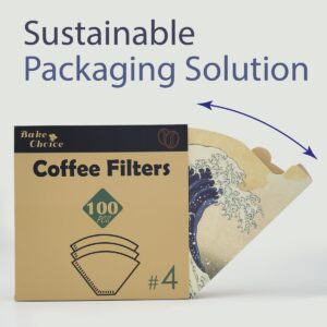 Bake Choice Coffee Filters #4 Cone Shaped Unbleached All Natural Compostable Coffee Filters 100 Count, Biodegradable and Compostable, No Blowout