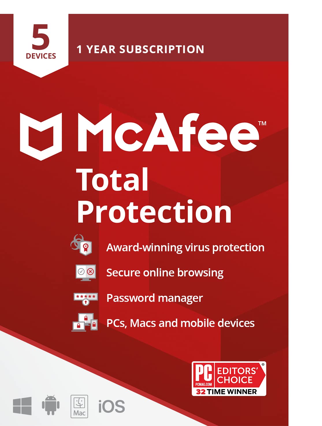 McAfee Total Protection | 5 Device | Antivirus Internet Security Software | VPN, Password Manager, Dark Web Monitoring | 1 Year Subscription | Key Card