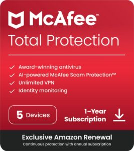 mcafee total protection 2024 | 5 device | cybersecurity software includes antivirus, secure vpn, password manager, dark web monitoring