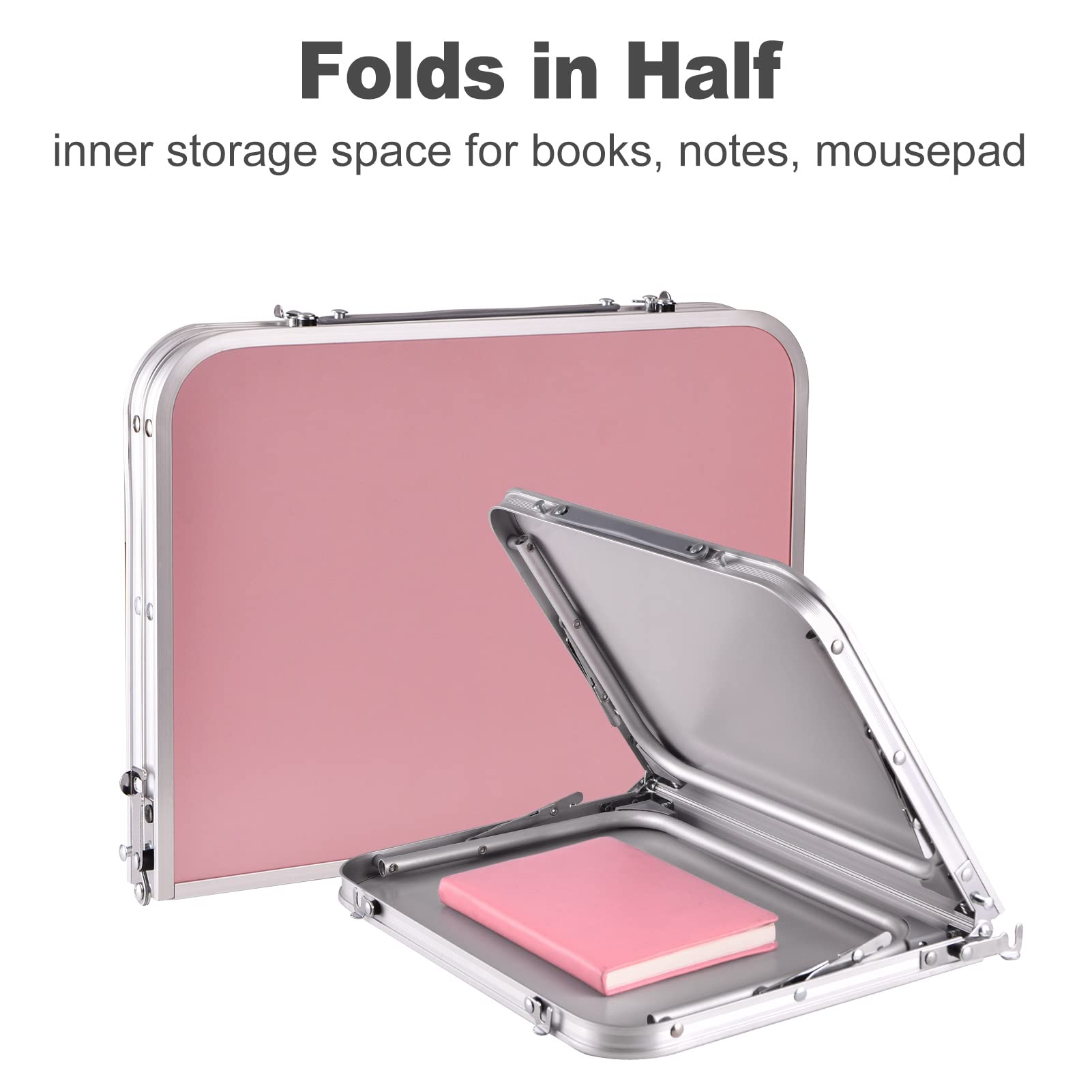 Foldable Laptop and Bed Table with Storage, Portable Mini Lap Desk for Legs, Ideal for Study, Reading, Picnic, Breakfast,and More (Pink)