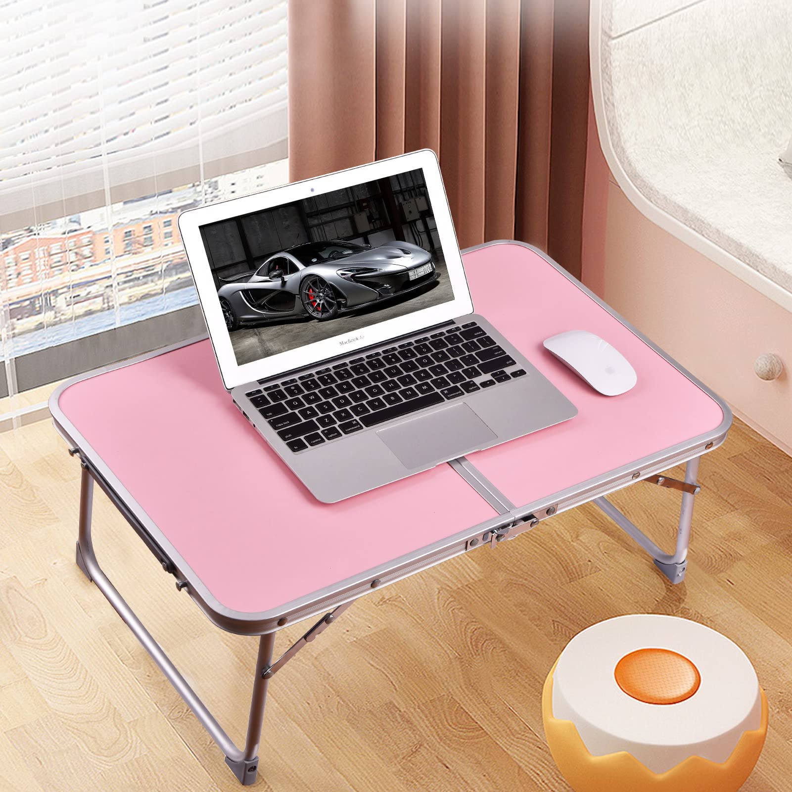 Foldable Laptop and Bed Table with Storage, Portable Mini Lap Desk for Legs, Ideal for Study, Reading, Picnic, Breakfast,and More (Pink)