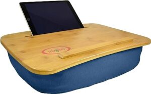 yogibo traybo 2.0 lap desk, bamboo top lap desk with pillow for laptop built in slot for tablet or phone, lap pad for working, reading, writing, lap board, blue