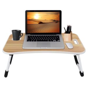 folding lap desk for bed and sofa - portable wide surface bed desk with built-in cup holder and tablet or phone slot for working, studying, eating, and watching movies (wood)