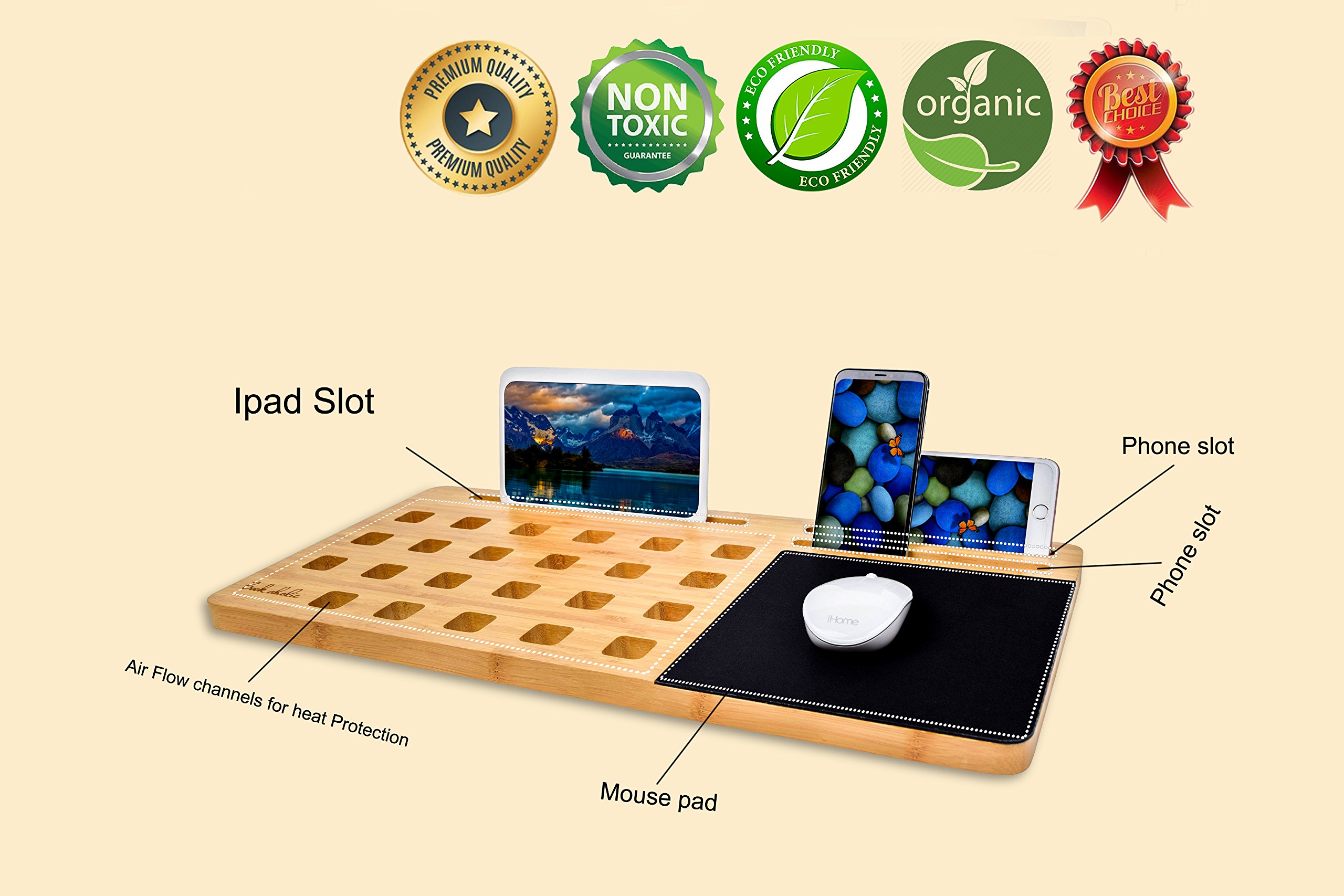 Bookaholic Lap Desk| Enhanced Organic Bamboo Lap Tray with Vent Holes & Built-in Fabric Covered Mouse Pad for 11",13",15" Laptops| Computer,Tablet, Phone Stand