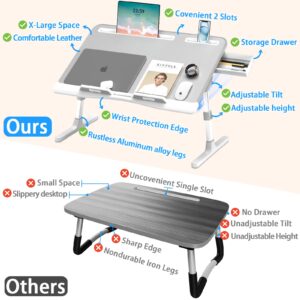 Laptop Desk for Bed, Leather X-Large Adjustable Laptop Stand for Bed, Foldable Laptop Lap Desk for Bed Couch Floor Writing Eating Working with Drawer 2 Movable Stoppers (23.6 inch, Grey)