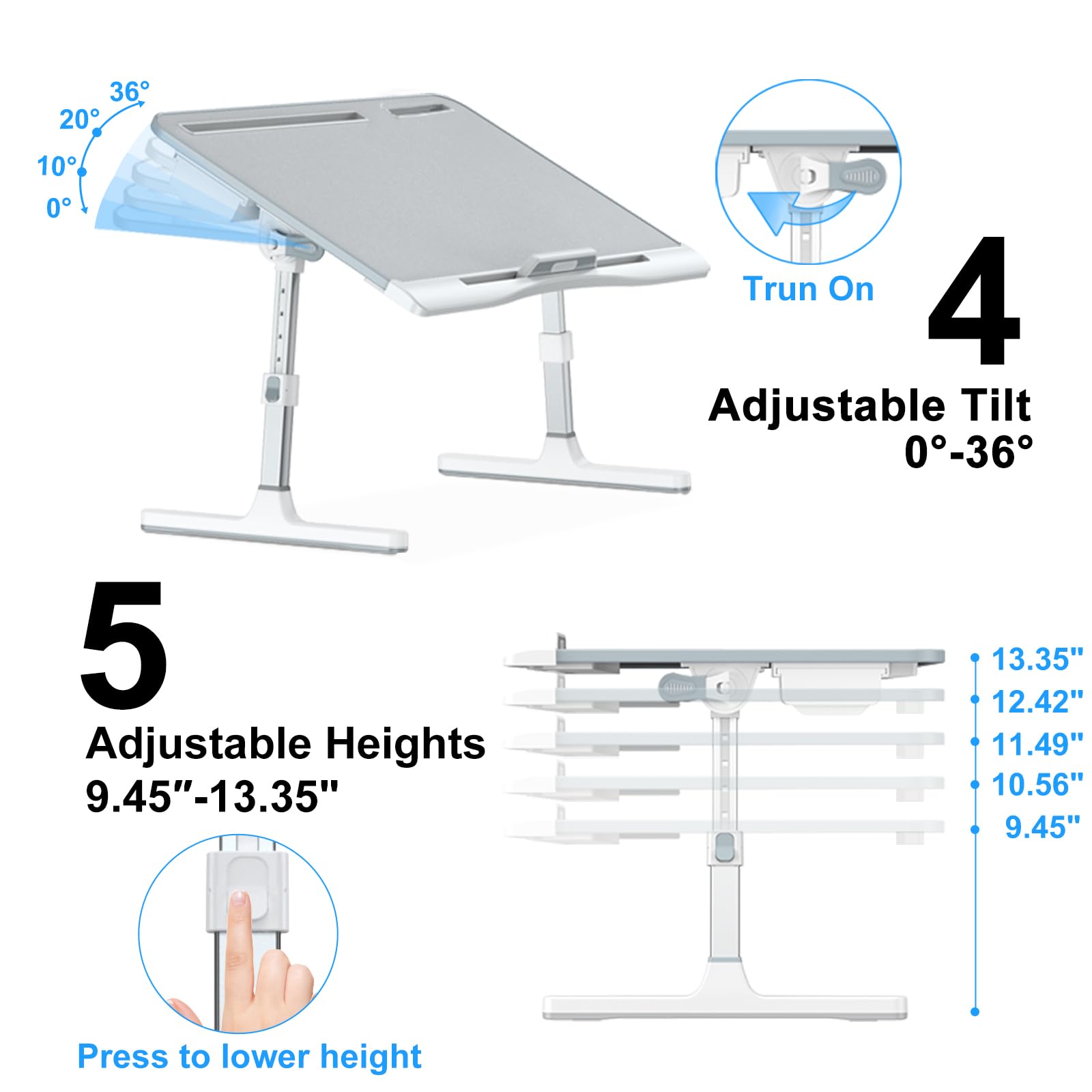 Laptop Desk for Bed, Leather X-Large Adjustable Laptop Stand for Bed, Foldable Laptop Lap Desk for Bed Couch Floor Writing Eating Working with Drawer 2 Movable Stoppers (23.6 inch, Grey)