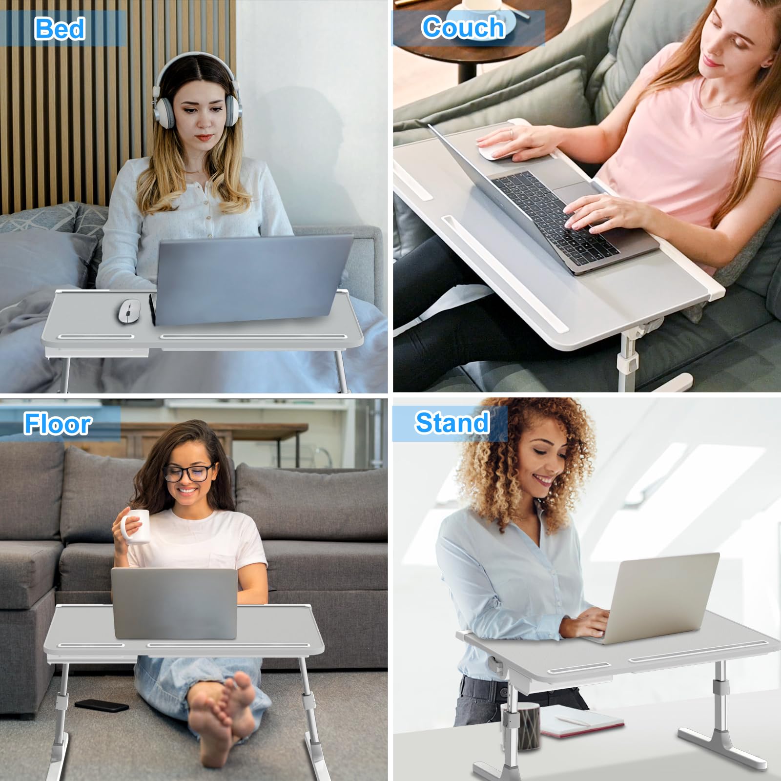 Laptop Desk for Bed, Leather X-Large Adjustable Laptop Stand for Bed, Foldable Laptop Lap Desk for Bed Couch Floor Writing Eating Working with Drawer 2 Movable Stoppers (23.6 inch, Grey)