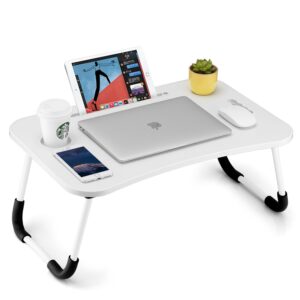 fisyod foldable laptop table, portable lap desk bed table tray, laptop stand with cup holder & tablet slot & lifting handle for working writing drawing & eating (white)