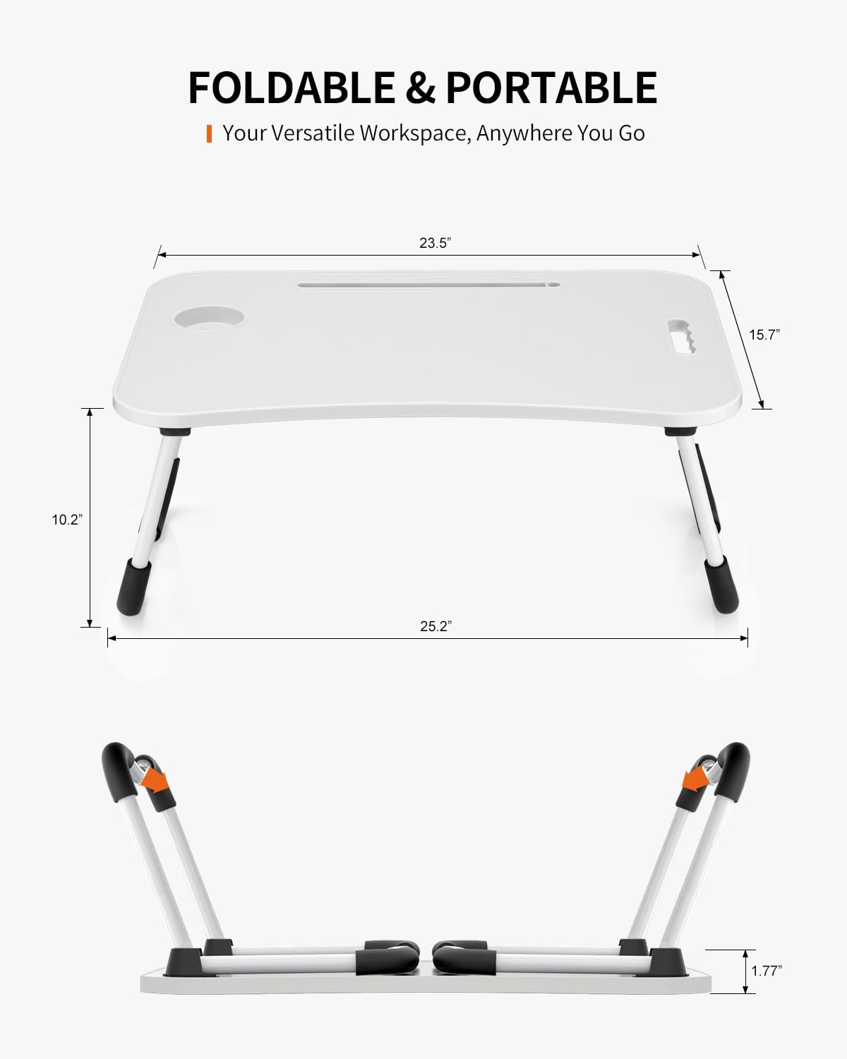 FISYOD Foldable Laptop Table, Portable Lap Desk Bed Table Tray, Laptop Stand with Cup Holder & Tablet Slot & Lifting Handle for Working Writing Drawing & Eating (White)