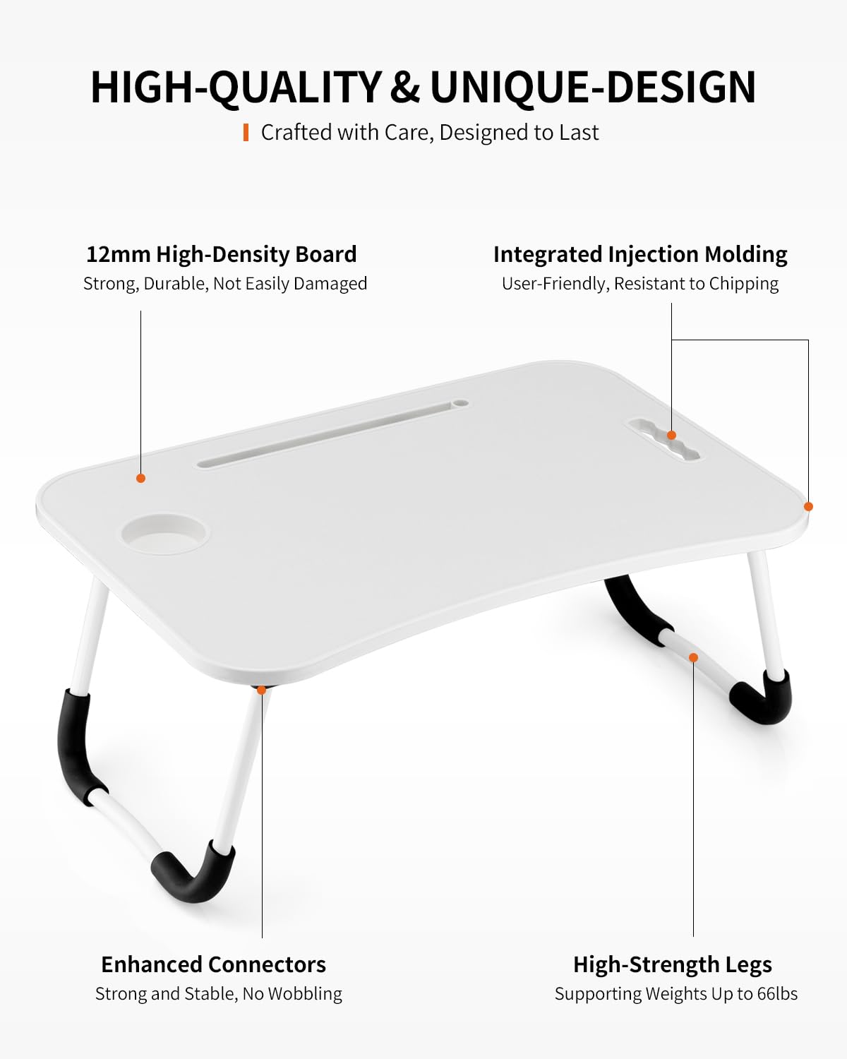 FISYOD Foldable Laptop Table, Portable Lap Desk Bed Table Tray, Laptop Stand with Cup Holder & Tablet Slot & Lifting Handle for Working Writing Drawing & Eating (White)