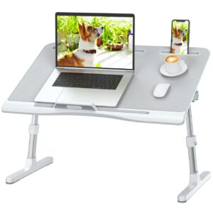 foldable laptop bed tray desk, adjustable laptop bed table with heights and angles, upgraded-sturdy laptop lap desk for bed/sofa/couch/floor, lap tablet desk (no drawer, grey)