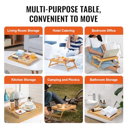 VEVOR 2-Pack Bed Tray Table with Foldable Legs, Bamboo Breakfast Tray for Sofa, Bed, Eating, Snacking, and Working, Folding Serving Laptop Desk Tray, Portable Food Snack Platter for Picnic, 15.7"x11"