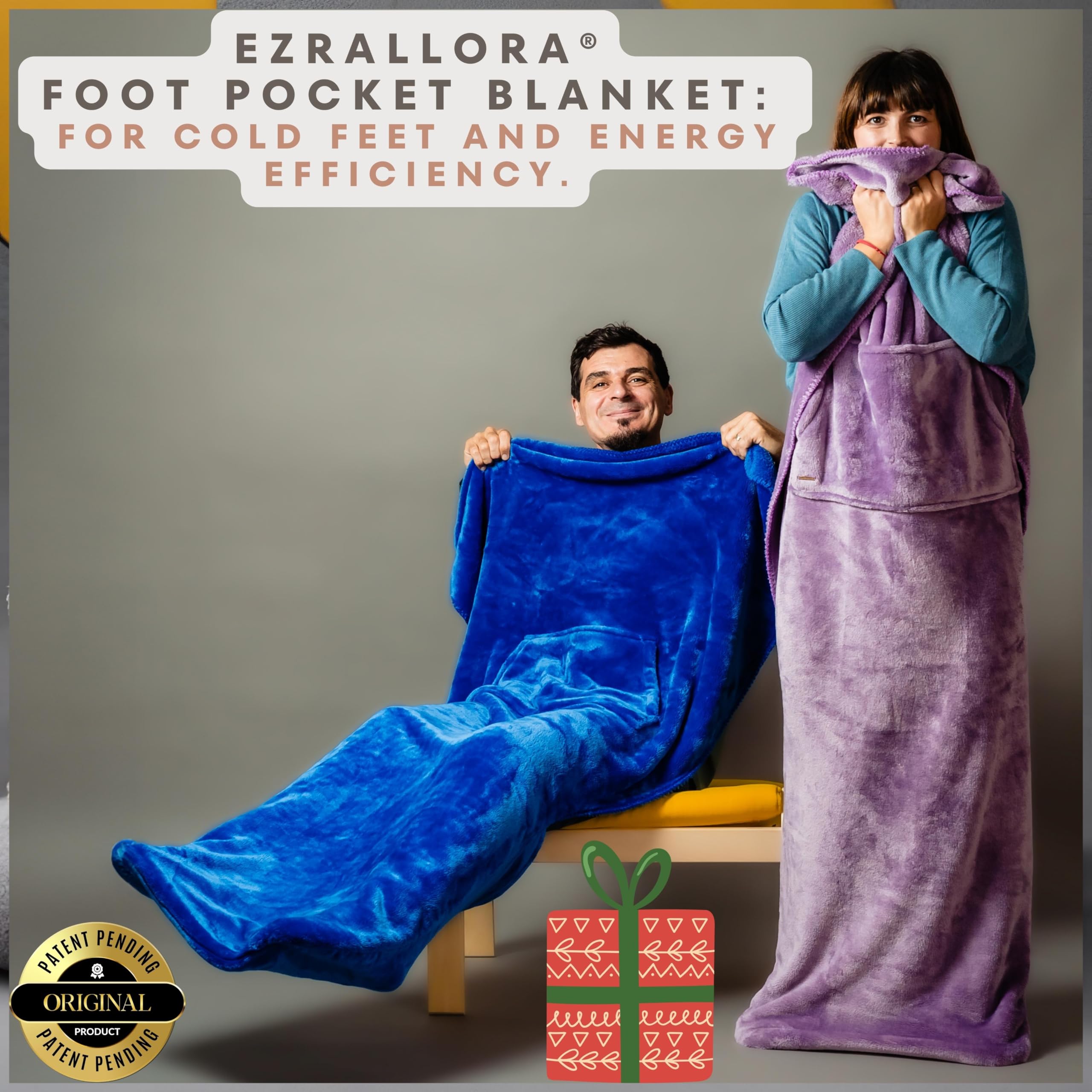 EzrAllora Lightweight Foot Pocket Blanket with Marsupial Pocket - Patent Pending- 67"x40" Premium Fleece Throw - Gifts for Men Who Want Nothing - TV Lap Blanket (Fleece, Azure)