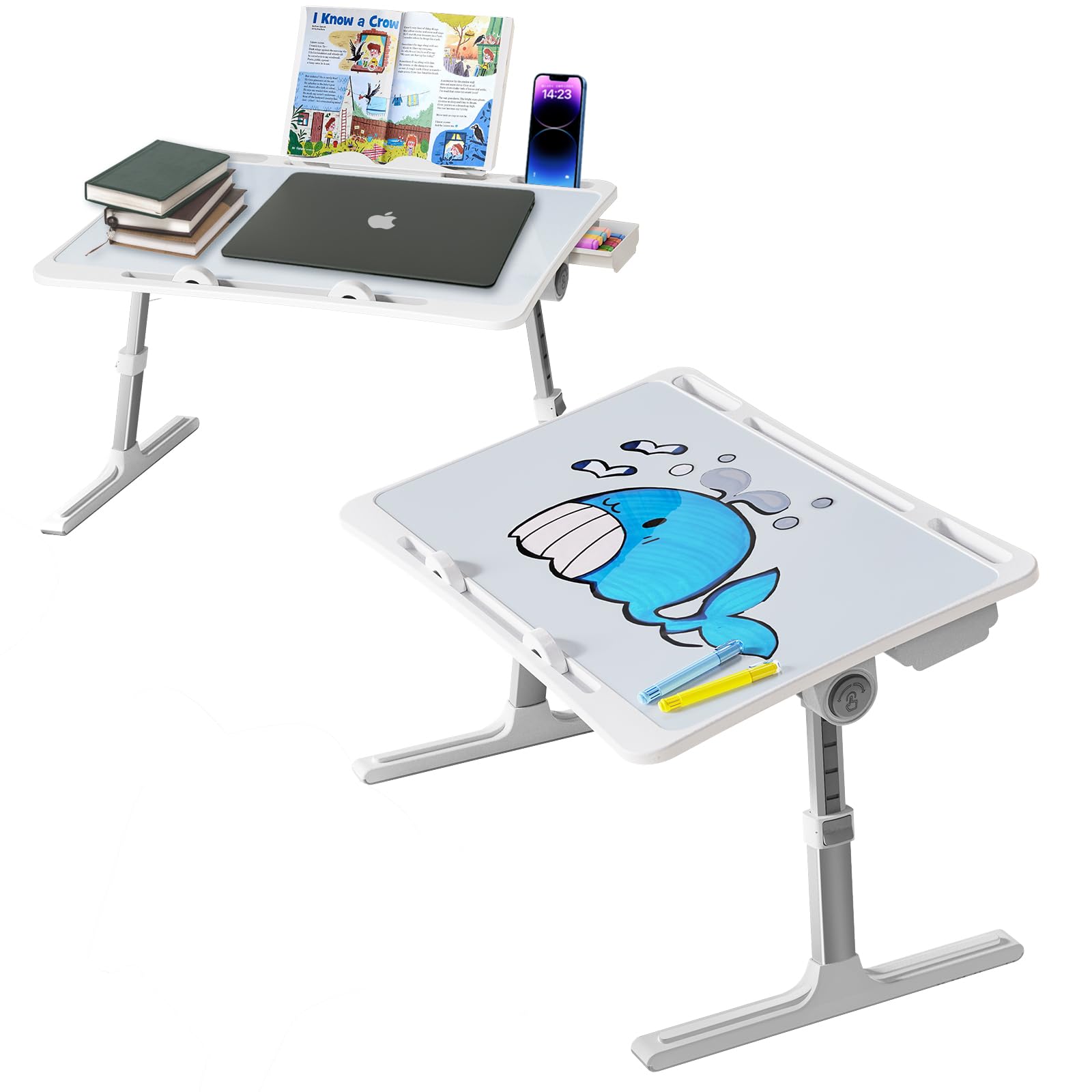 OGRANEE Kids Lap Desk, Dry Erase Table Adjustable Angles Height, Dry Erase Board for Kids with Drawer & Dry Eraser Markers, Foldable Bed Desk for Laptop and Writing, Drawing, Reading, White（24"*16.5"）