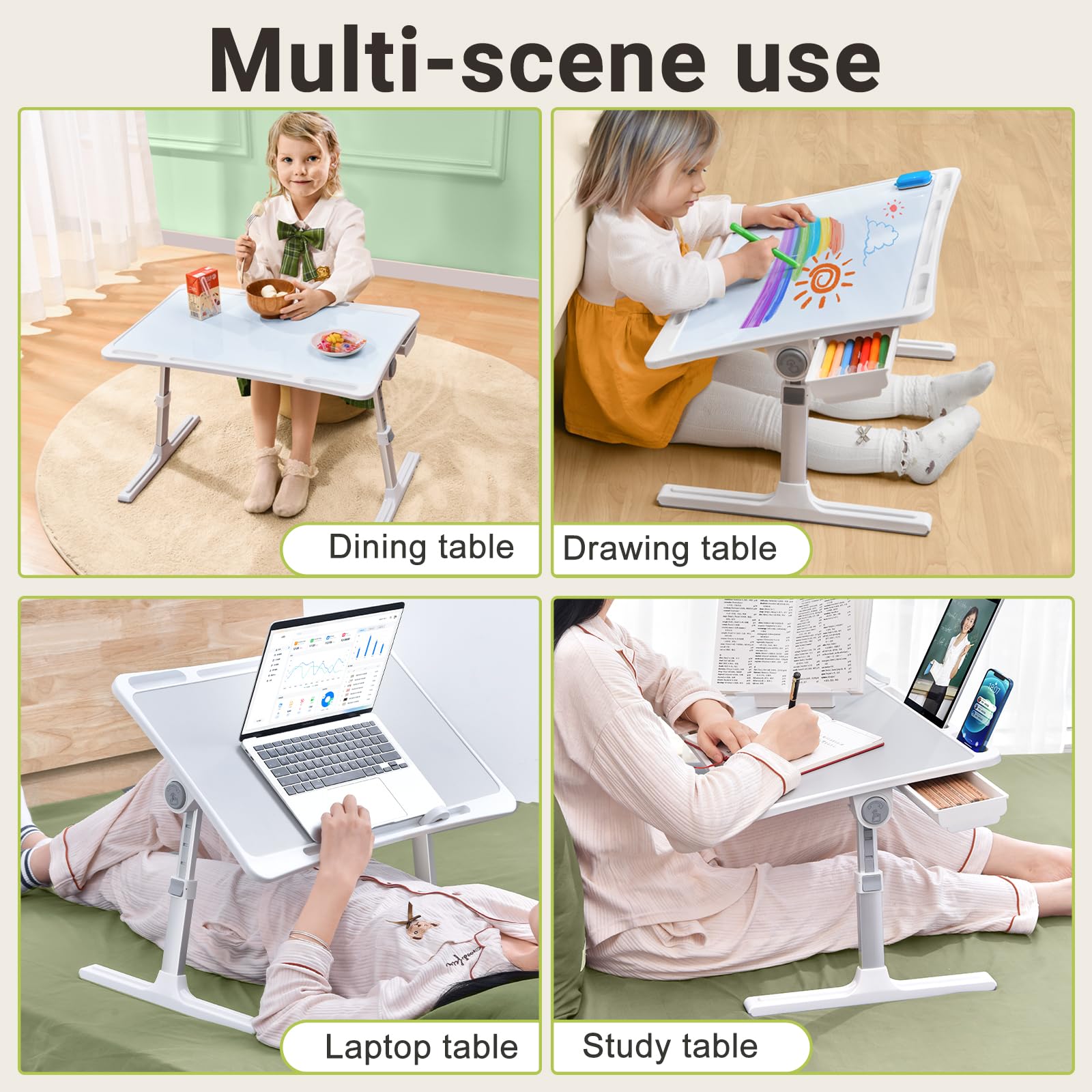 OGRANEE Kids Lap Desk, Dry Erase Table Adjustable Angles Height, Dry Erase Board for Kids with Drawer & Dry Eraser Markers, Foldable Bed Desk for Laptop and Writing, Drawing, Reading, White（24"*16.5"）