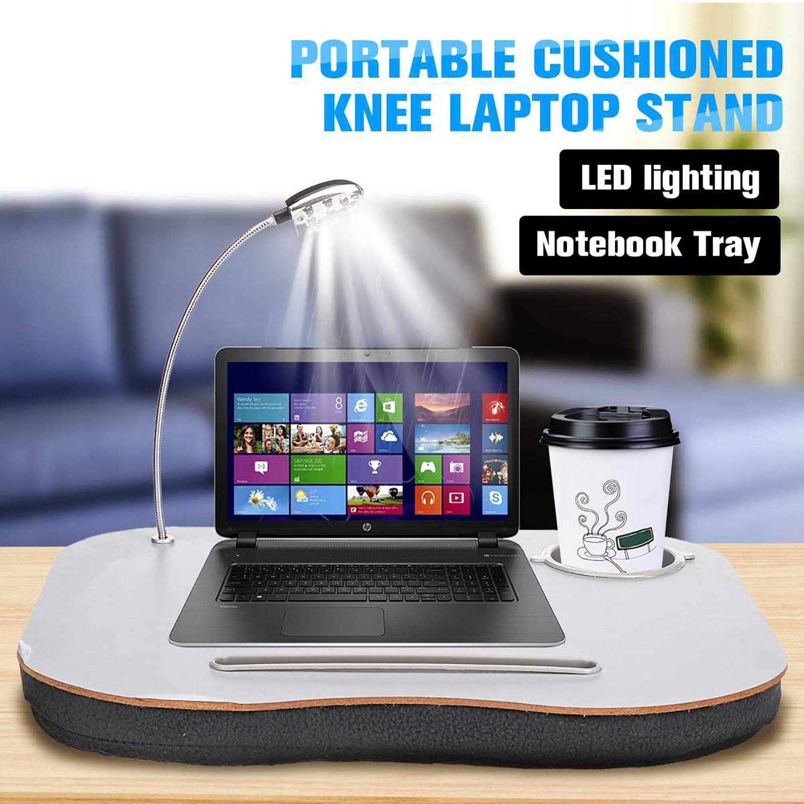 Oversized Velvet Lap Desk,Portable Home Office Laptop Stand,Couch Bed Table with LED Light & Cup Holder for Study Writing Reading Tv Tray-A 40x31cm(16x12inch)