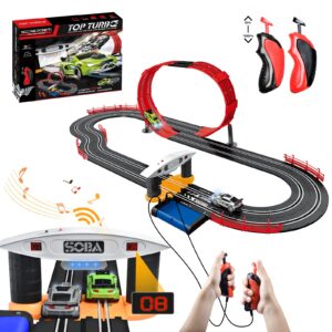 slot car race track sets, battery or electric race car track, include 2 cars with headlights, 2 controllers, lap counter with countdown & sound effects, toys gifts for boys girls