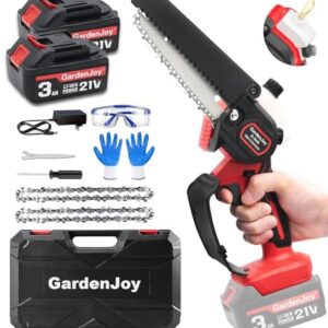 Mini Chainsaw 6-Inch Battery Powered - GardenJoy Cordless Power Handheld Chainsaw with 2 Batteries and Fast Charger, 21V Portable Small Electric Chain Saws for Tree Trimming Wood Cutting